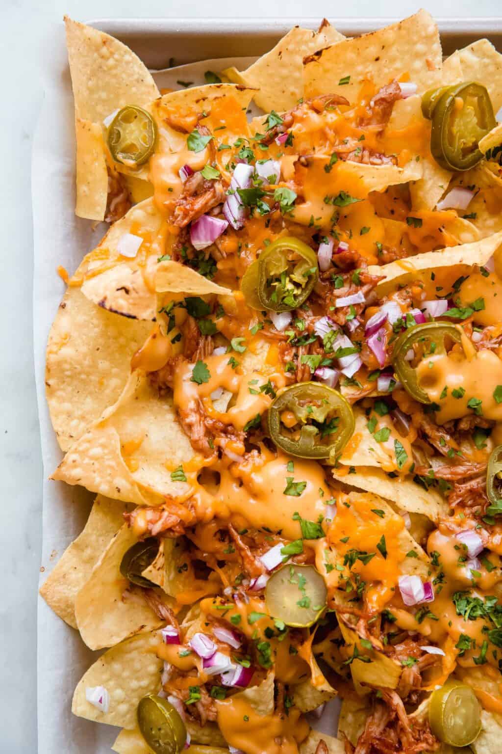 Loaded Sheet Pan BBQ Chicken Nachos Recipe | Little Spice Jar