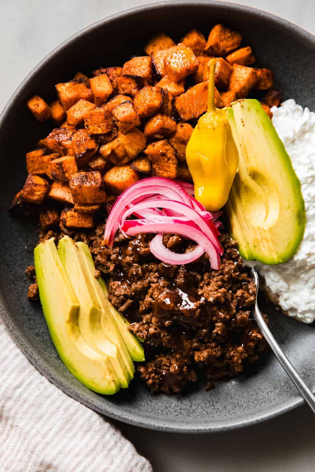 High Protein Sweet Potato Bowls with Taco Meat - Little Spice Jar